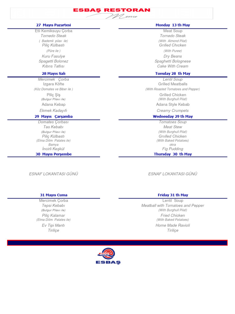 ESBAS Haftalik Restoran Menusu-1 | PDF
