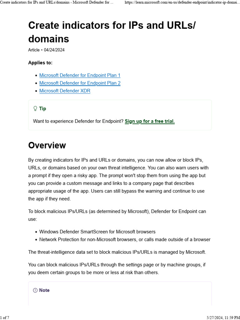 Create Indicators For IPs and URLs - Domains - Microsoft Defender For ...