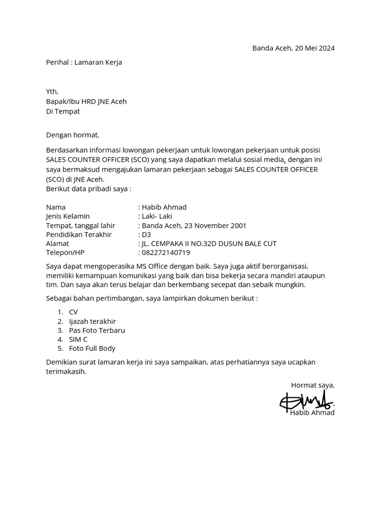 Surat Lamaran JNE ACEH | PDF