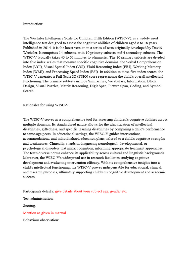 Wisc V | PDF | Wechsler Adult Intelligence Scale | Cognitive Science