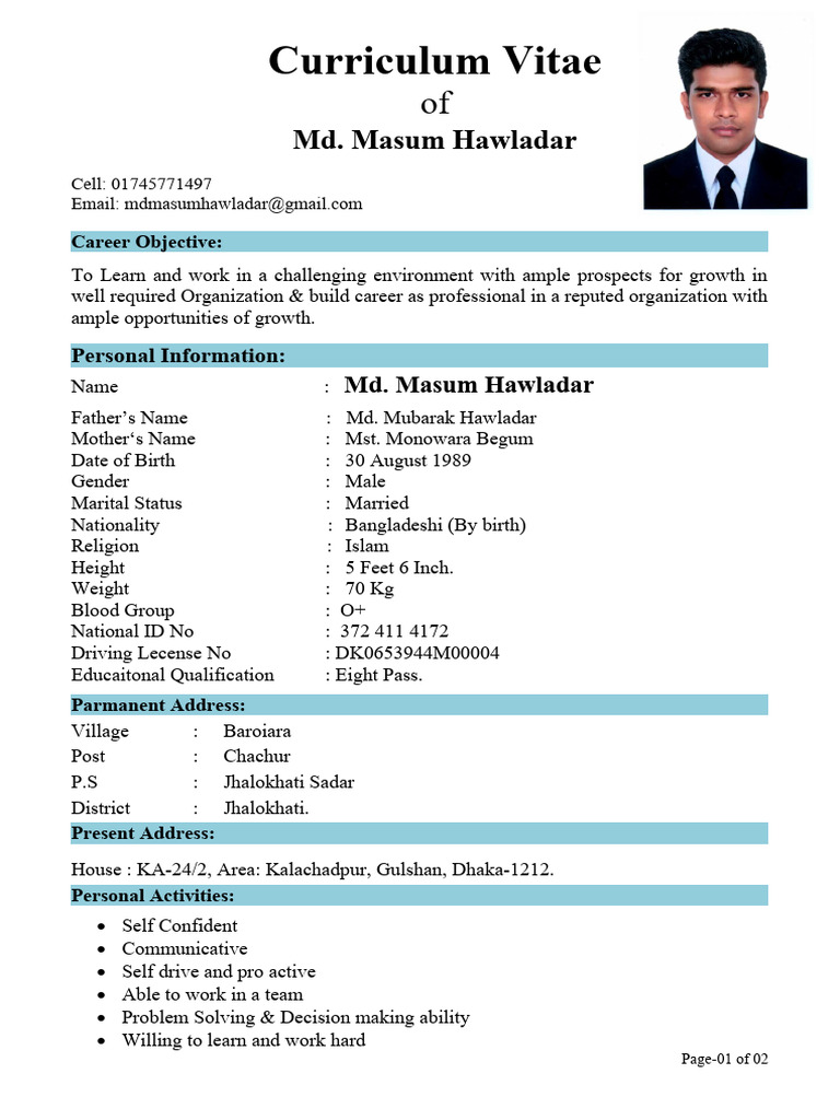 Resume of Md. Masum Hawladar | PDF | Cognition