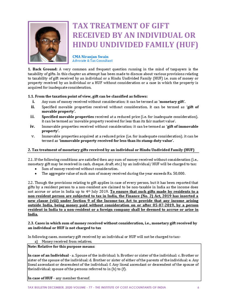 Tax Treatment of Gift Received by An Individual or Hindu Undivided Family (Huf) | PDF | Taxes ...