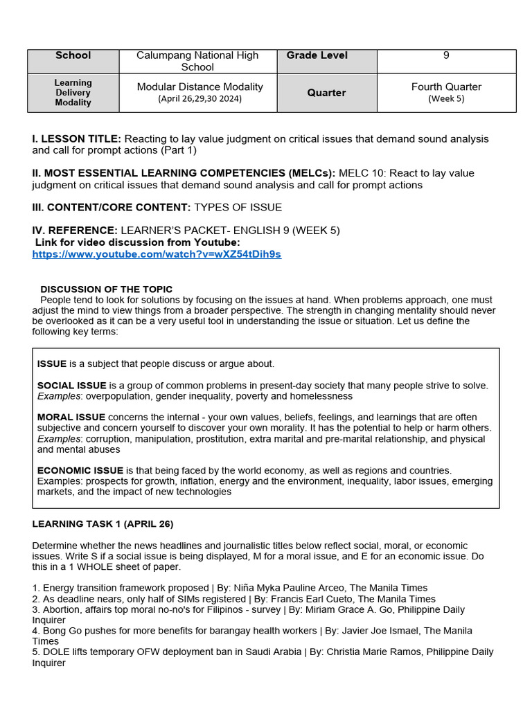 Grade 9 English Learning Plan April 262930 2024 | Download Free PDF | Learning | Economic Inequality