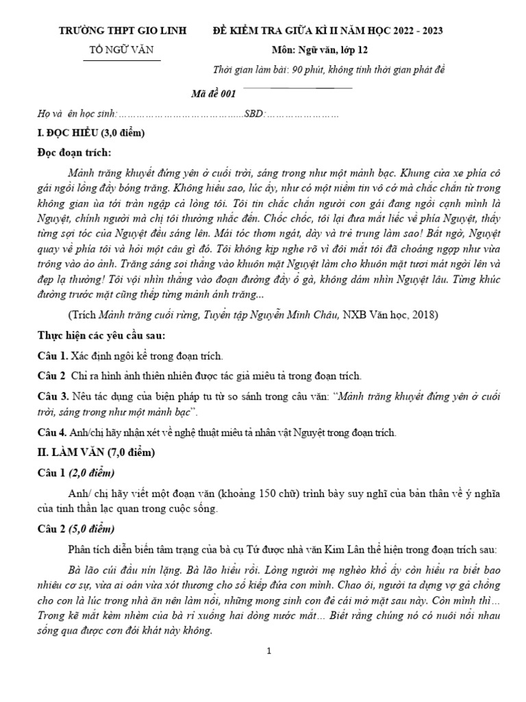 De Giua Ki 2 Ngu Van Lop 12 Truong THPT Gio Linh Quang Tri | PDF