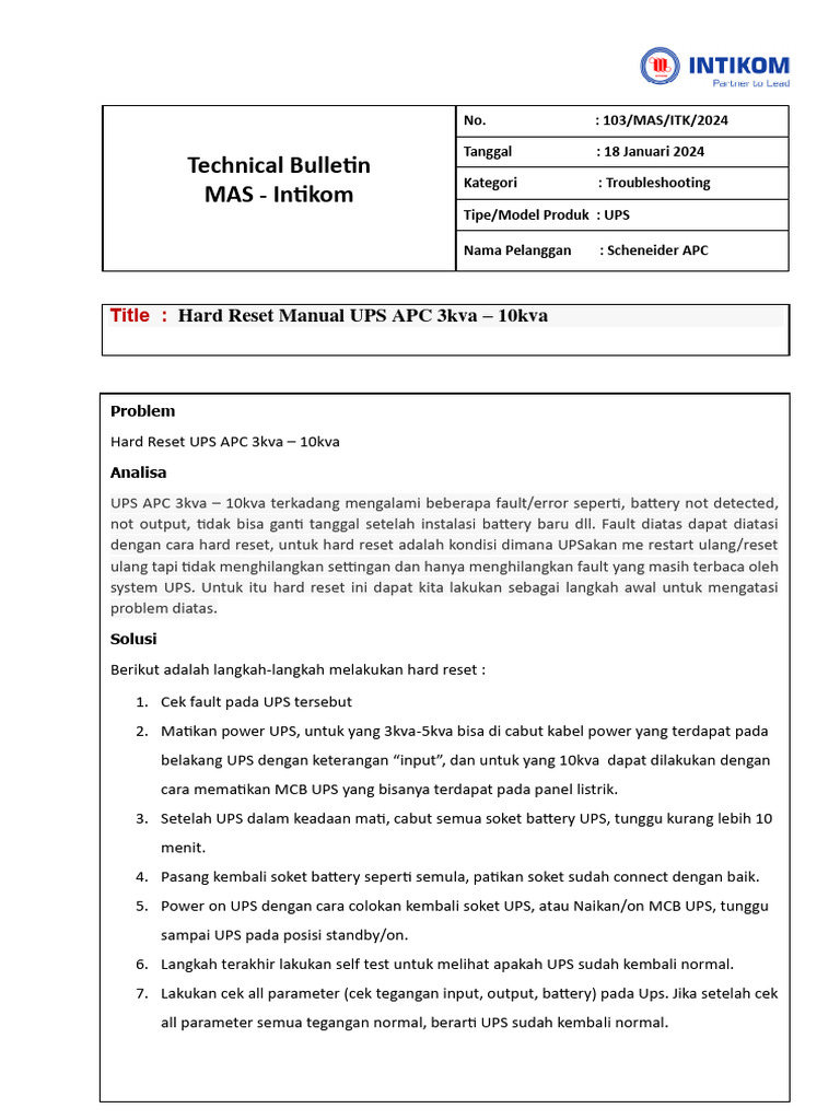 Hard Reset Manual UPS APC | PDF