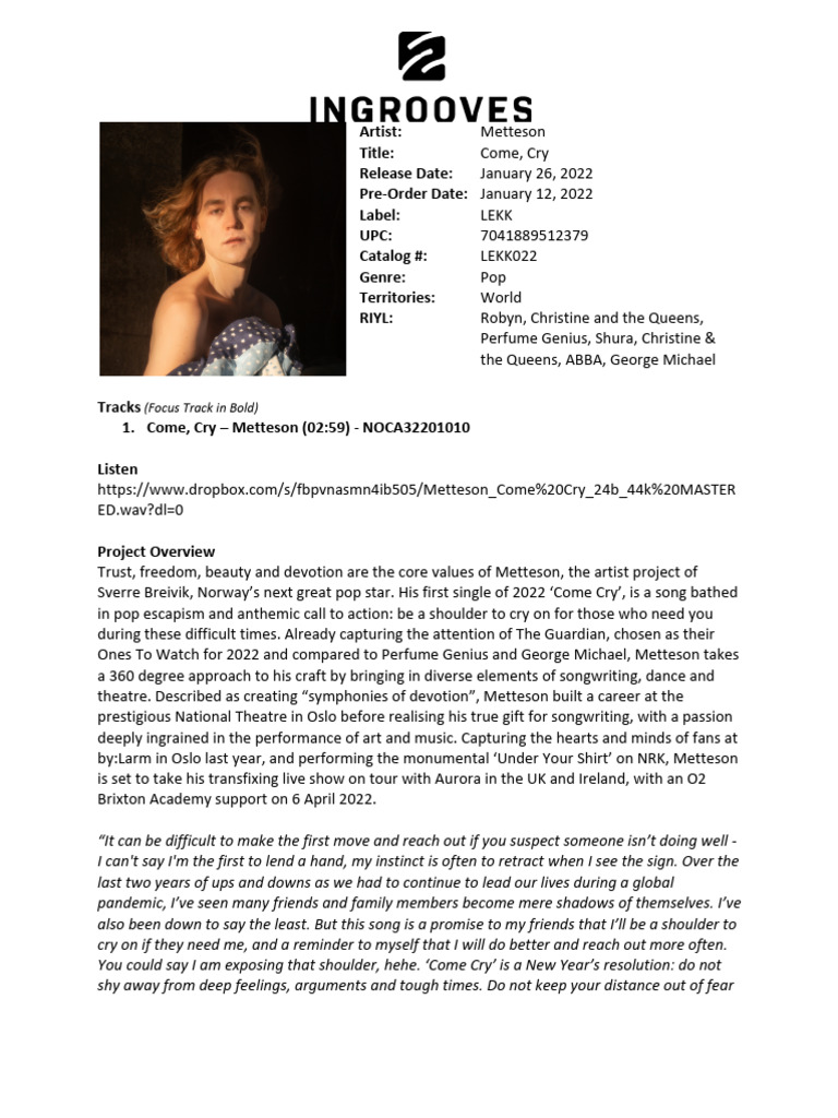 Metteson - Come, Cry, One-Sheet | PDF