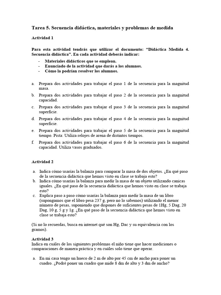 Tarea 5 Secuencia Didactica de Medida - Materiales - Problemas | PDF | Métodos y materiales de ...