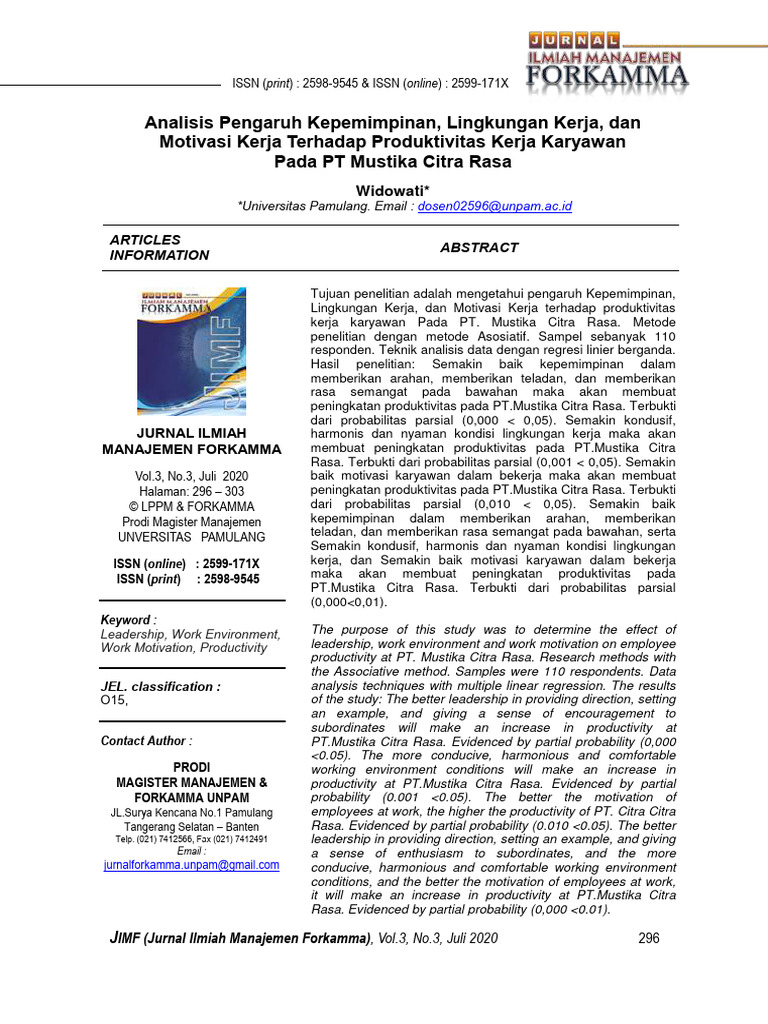Analisis Pengaruh Kepemimpinan, Lingkungan Kerja, Dan Motivasi Kerja ...