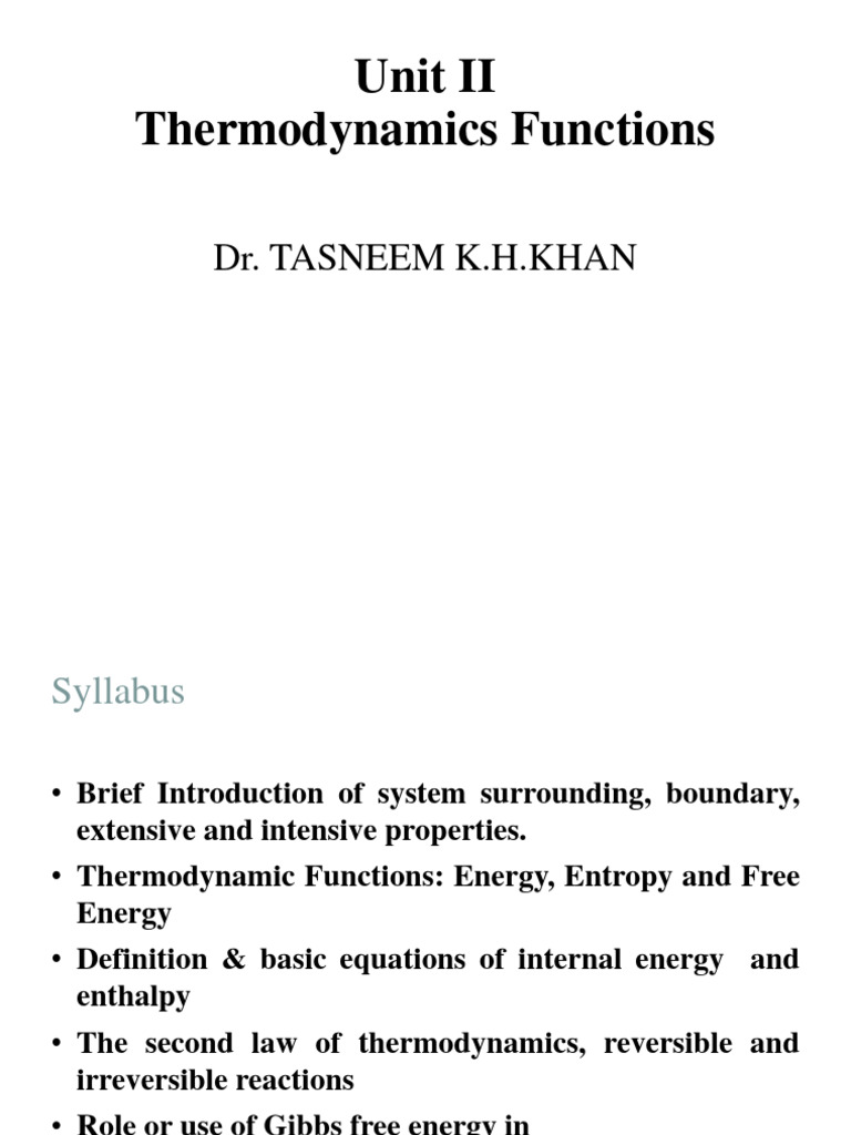Unit II Thermodynamics Function | PDF | Gibbs Free Energy | Thermodynamics