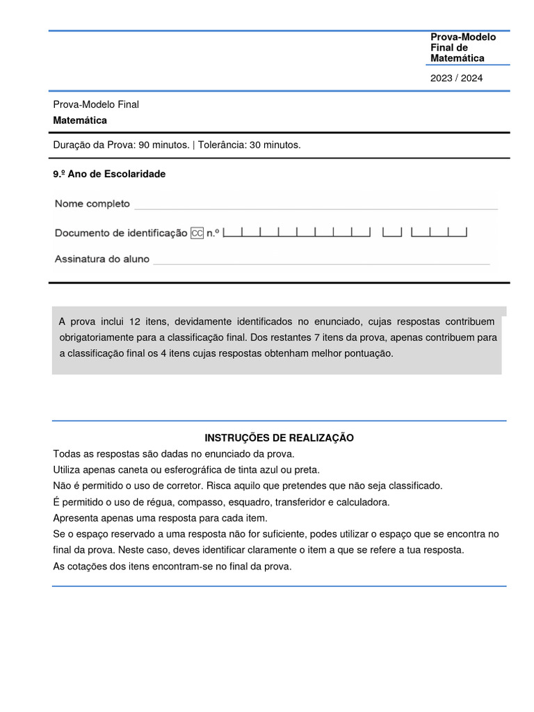 Prova Modelo Matemática 9.º Ano 2023/2024 | PDF | Sistema de coordenada ...