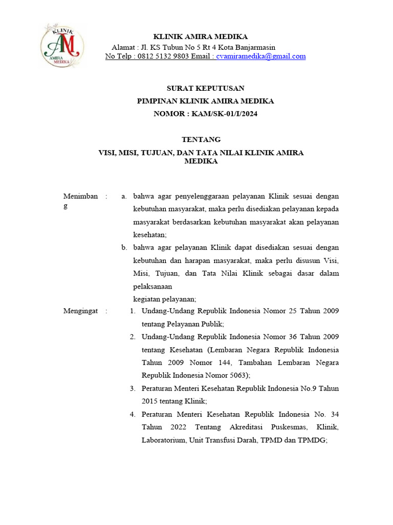 1.1 SK Visi Misi Tujuan Tata Nilai Klinik Amira Medika | PDF