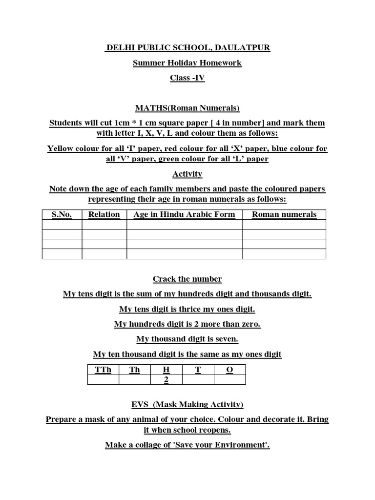 Holiday Homework Class 4 | PDF