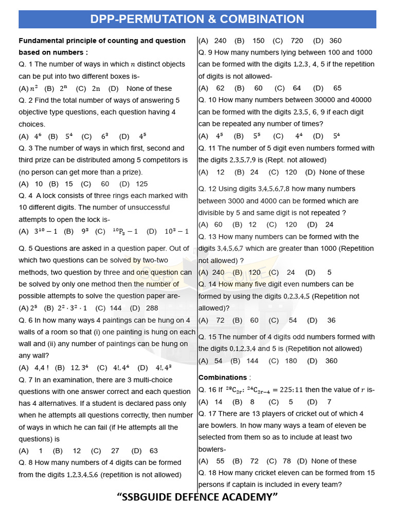 Dpp-Permutation & Combination: "Ssbguide Defence Academy" | PDF | Bead | Line (Geometry)