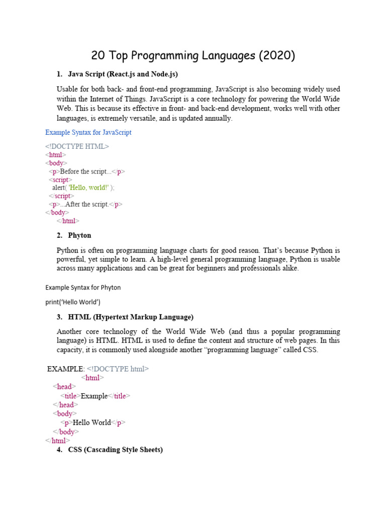 20 Top Programming Languages | Download Free PDF | Html | World Wide Web