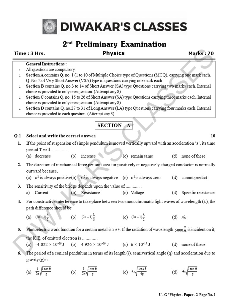 Phy - Paper - 2 (QP) (New) | Download Free PDF | Electron | Electromagnetic Radiation