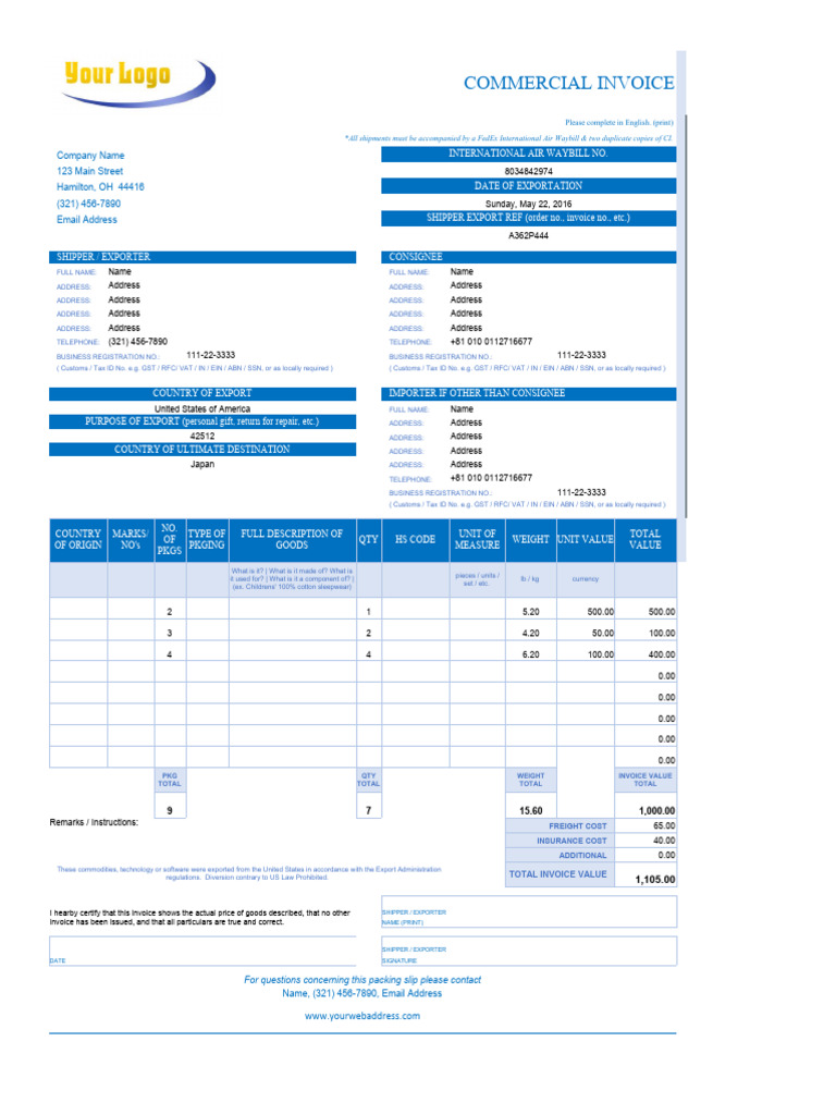 Commercial Invoice Template | PDF | Value Added Tax | Customs