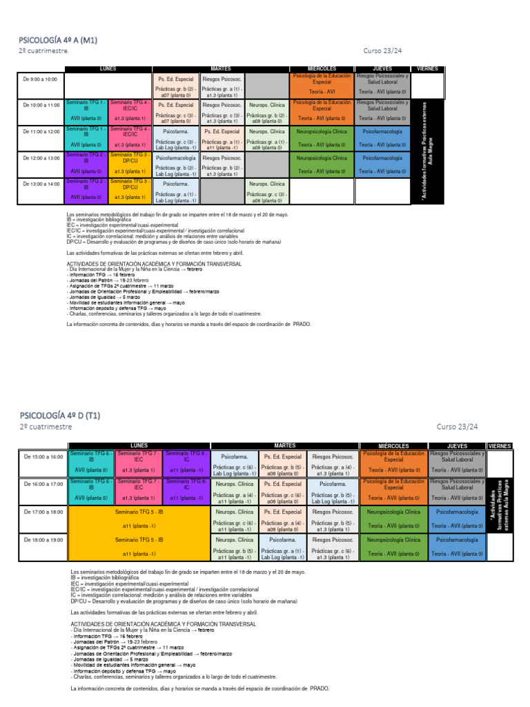 Horario 2324 4PS 2C Final 1 | PDF | Sicología | Science