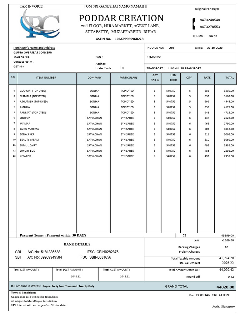 Gupta Overseas Bill 295 | PDF | Government | Public Finance