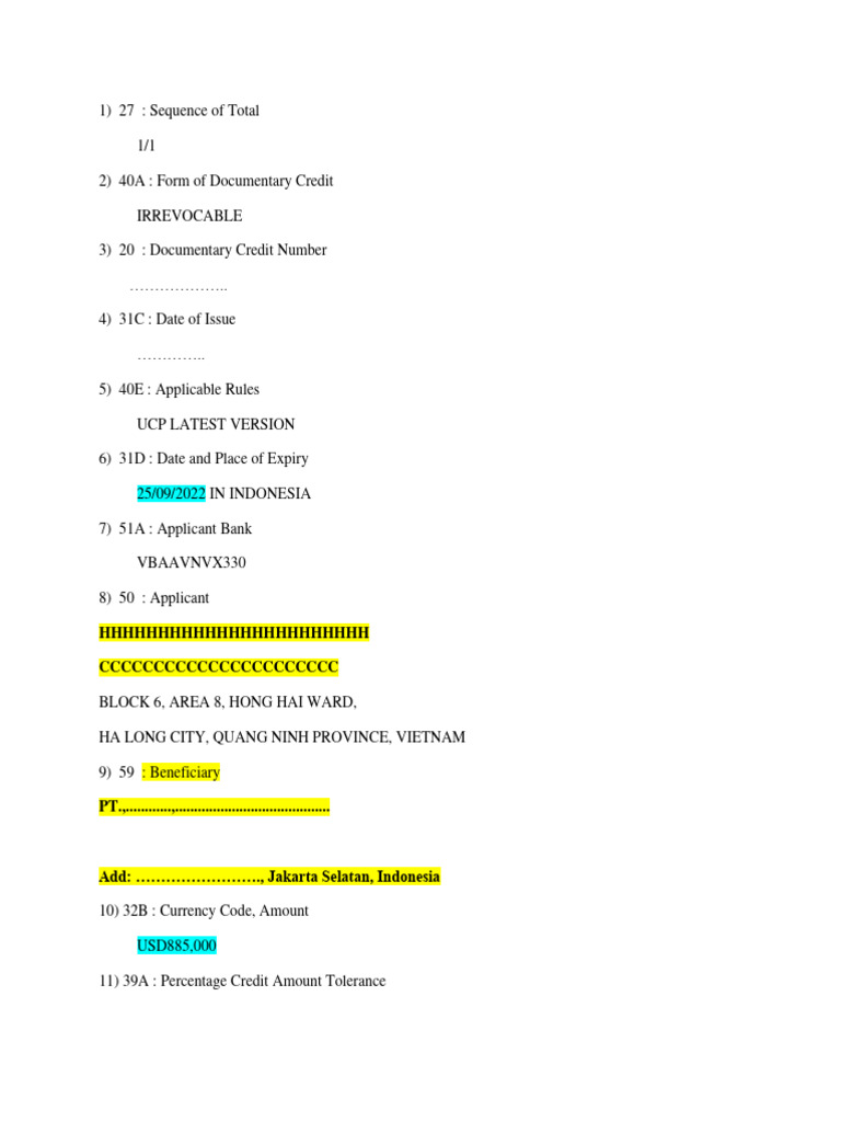AUI-HQ - DRAFT LC-Final Issue - 01082022-AMELIA | PDF | Invoice | Cargo