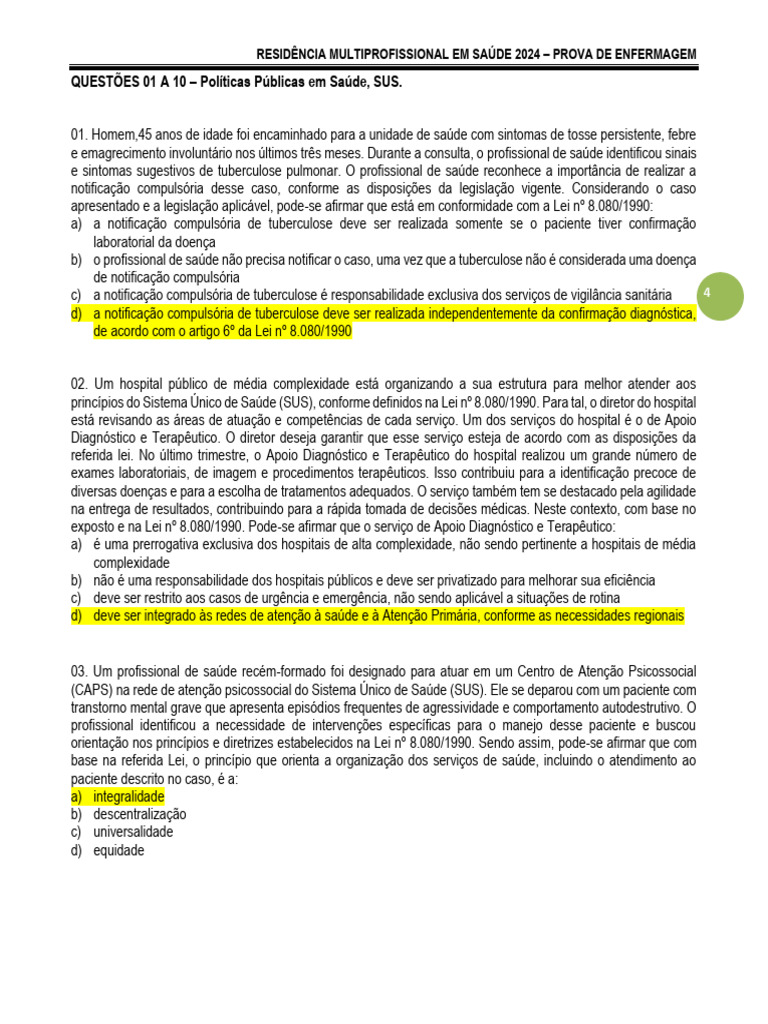 Prova de Enfermagem 2023-2024 | PDF | Parto | Tuberculose