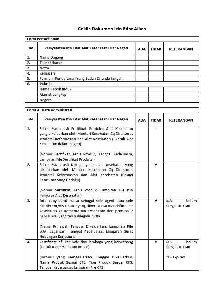 Ceklis Dokumen Izin Edar Alkes | PDF
