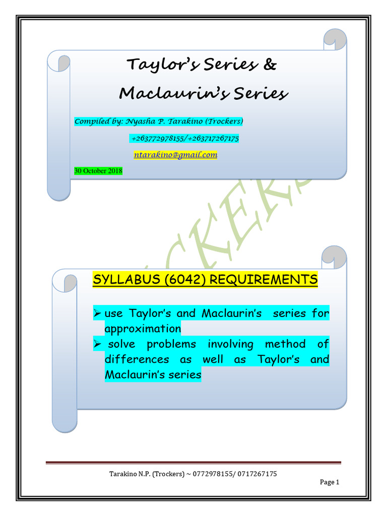 Taylor Series & Maclaurin's Series Notes by Trockers | PDF | Algebra ...