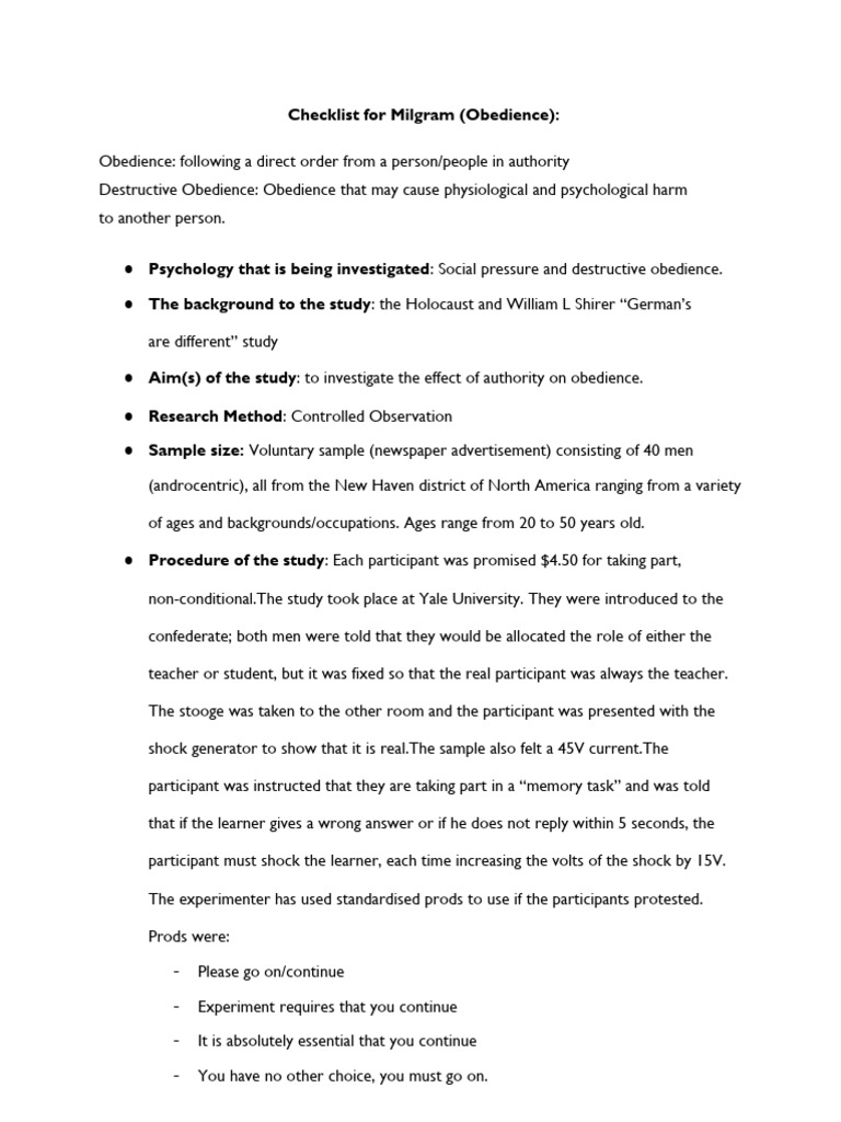Milgram - S Study - Checklist | Download Free PDF | Obedience (Human ...