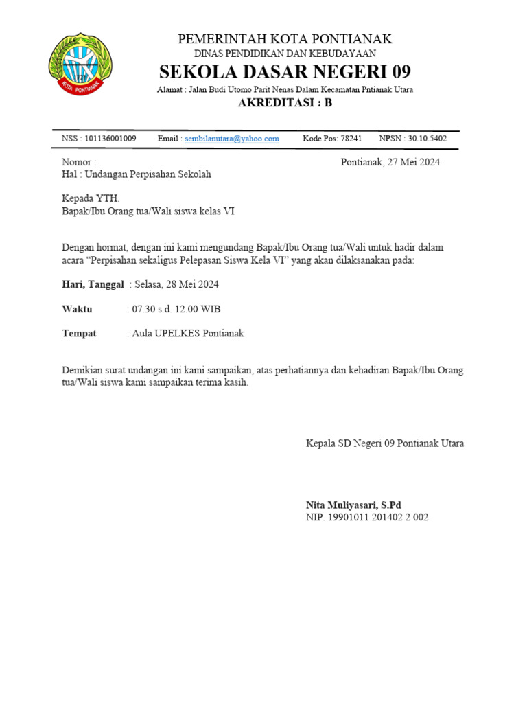 Surat Perpisahan SDN 09 | PDF