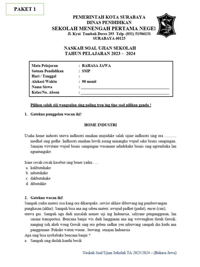 Soal PSSP BJW 1 2024 | PDF