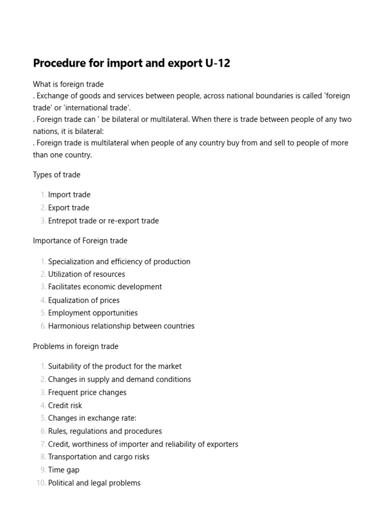 U-12 Import and Export Trade Procedures | PDF