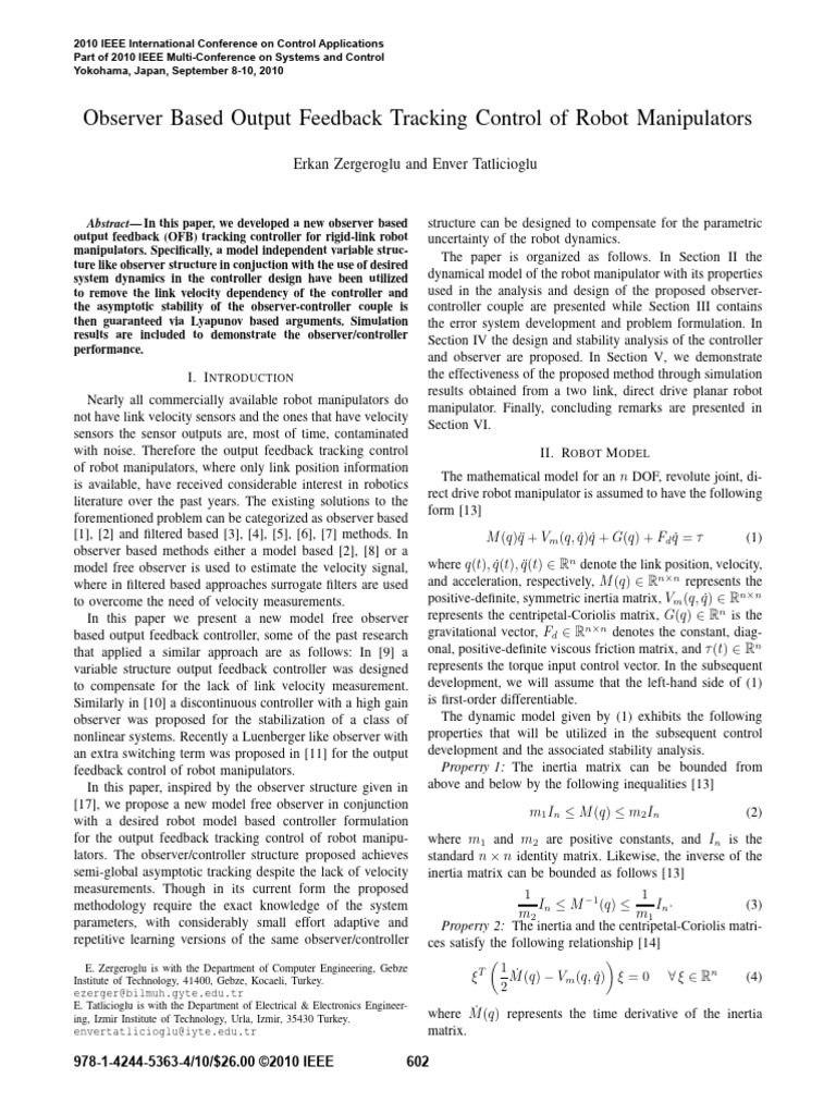 Observer Based Output Feedback Tracking Control of Robot Manipulators | PDF | Control Theory ...