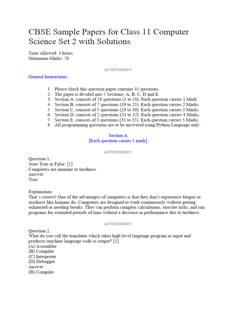 CBSE Sample Papers For Class 11 Computer Science Set 2 With Solutions | Download Free PDF ...