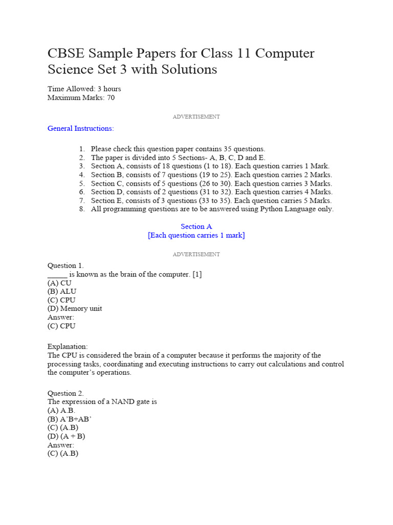 CBSE Sample Papers For Class 11 Computer Science Set 3 With Solutions ...