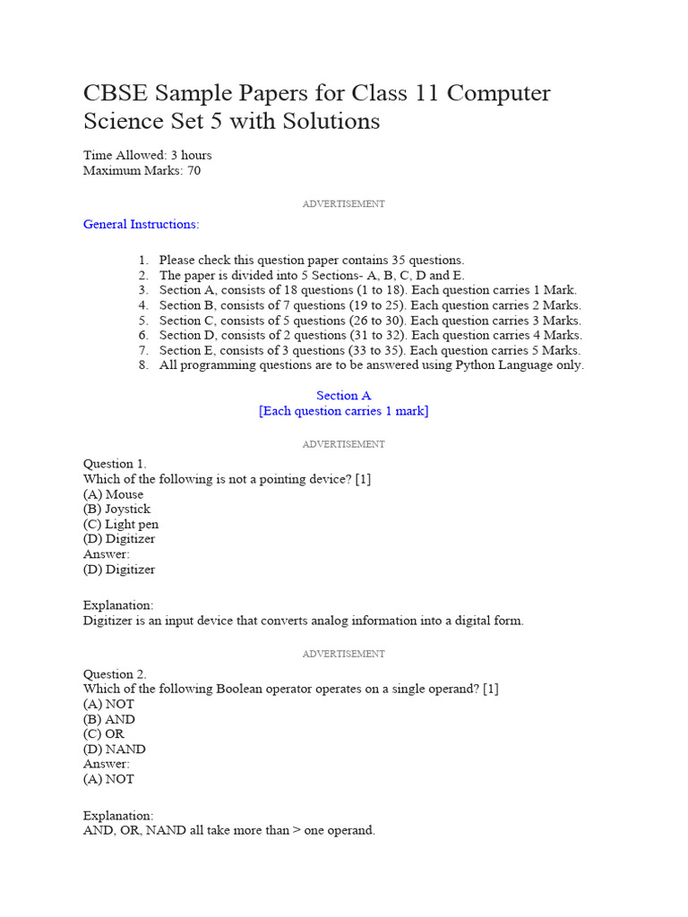 CBSE Sample Papers For Class 11 Computer Science Set 5 With Solutions | PDF | Security Hacker ...