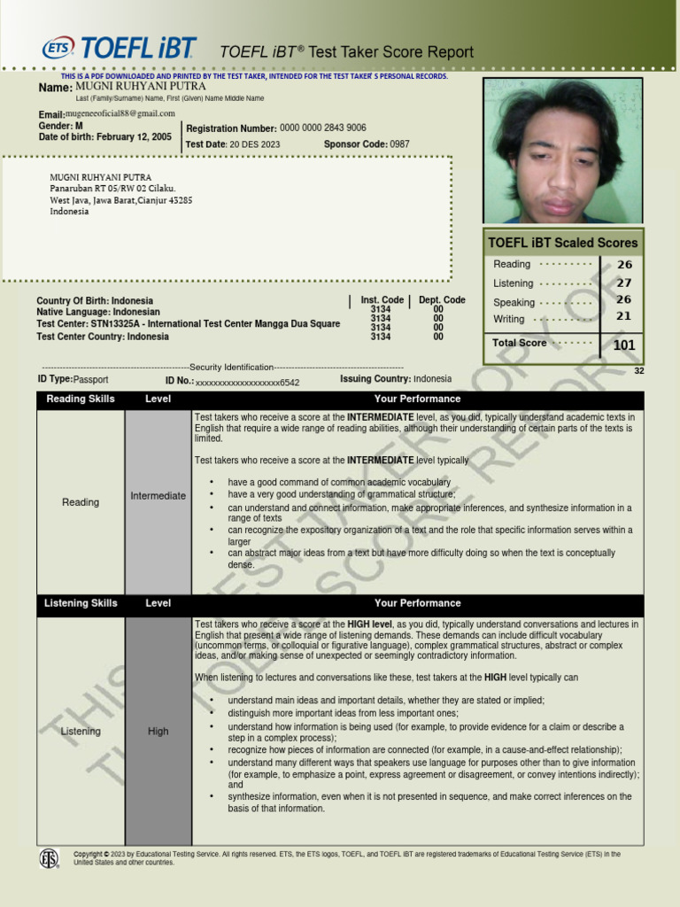 TOEFL iBT Score Report Summary | PDF | Test Of English As A Foreign ...