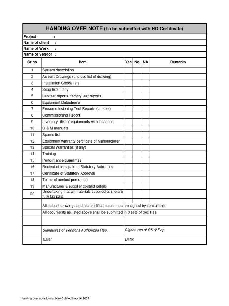 Handing Over Deliverables Note | PDF