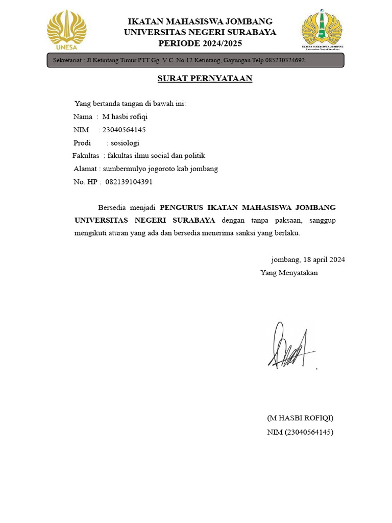 Surat Pernyataan Calon Pengurus IMJ UNESA 2024 Khasbul Salinan | PDF