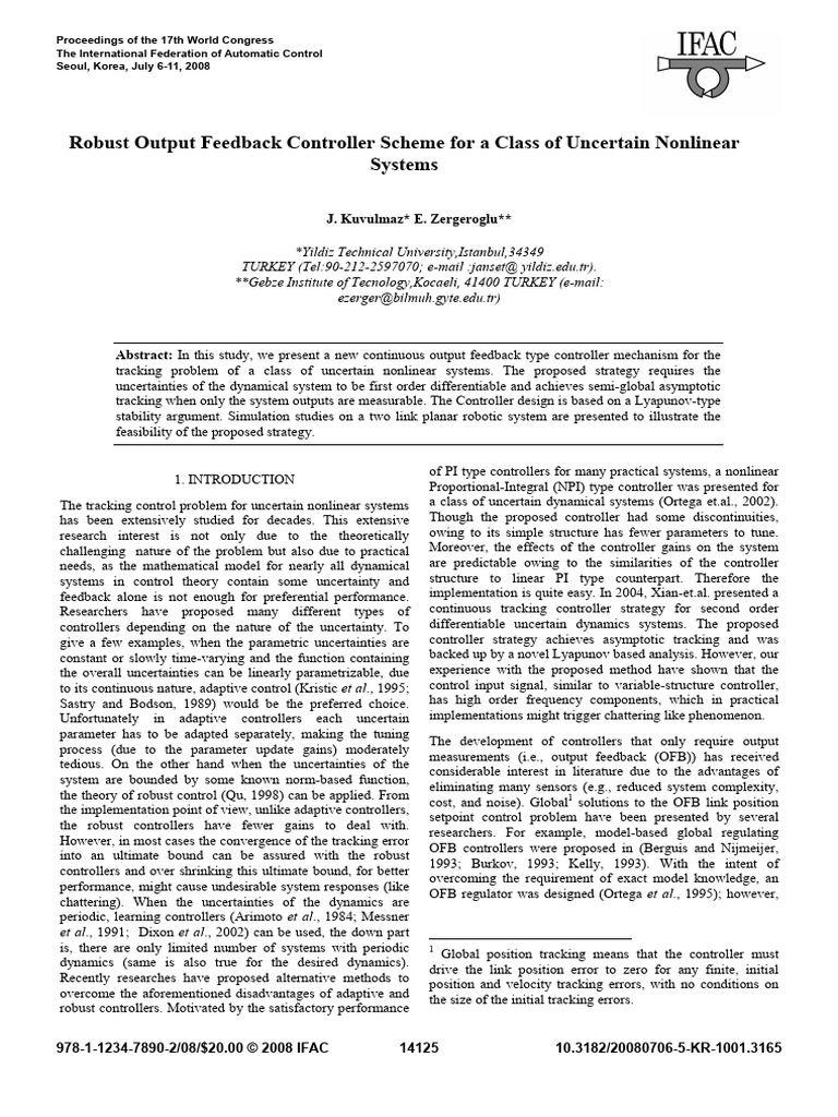 Robust Output Feedback Controller Scheme For A Class of Uncertain Nonlinear Systems | PDF ...