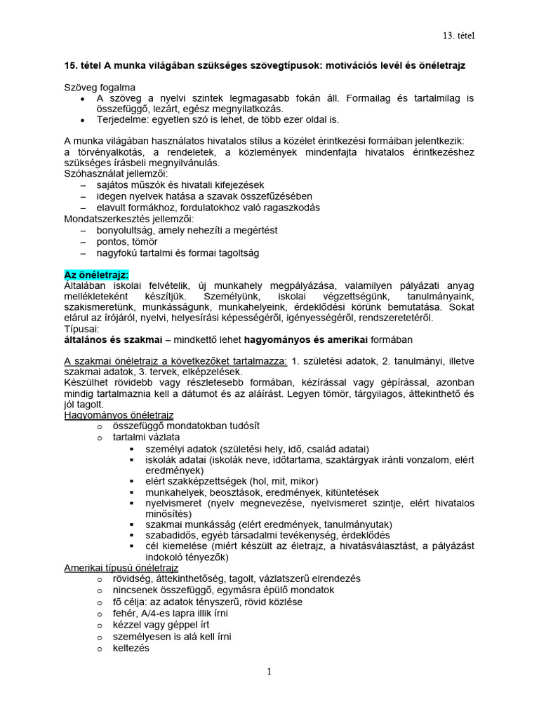 Tétel A Munka Világában Szükséges Szövegtípusok - Motivációs Levél És ...