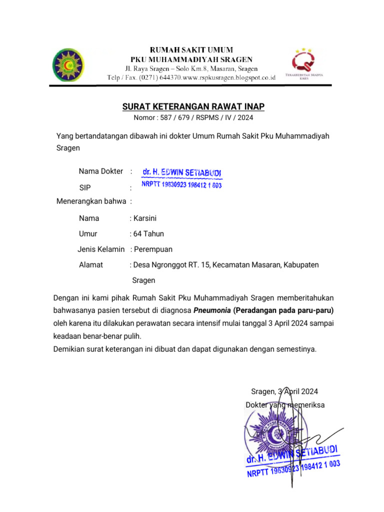 Surat Ranap RS Pku Muhamadiyah Sragen | PDF