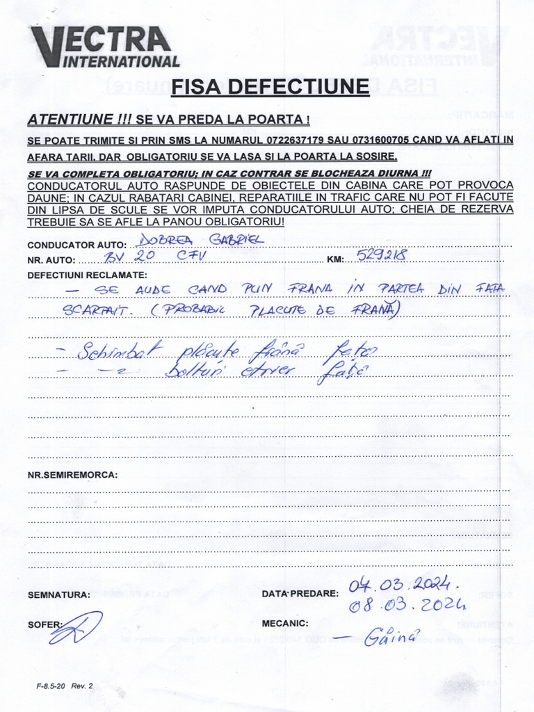 Fisa de Reparatie-Interventie BV-20-CFV Din 08.03.2024 Pag. 2 | PDF