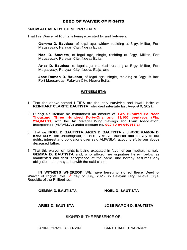Deed of Waiver of Rights | PDF | Natural Resources Law | Civil Law ... Deed of Waiver of Rights | PDF | Natural Resources Law | Civil Law ...