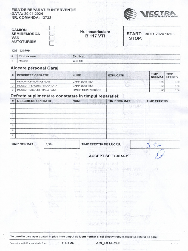 Fisa de Reparatie-Interventie B-117-VTI Din 30.01.2024 Pag. 1 | PDF