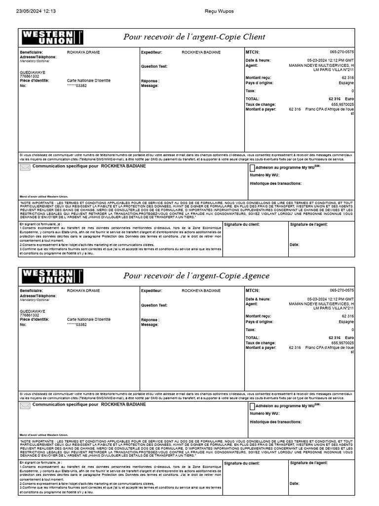 Reçu de Transfert d'Argent Wupos | PDF | Vie privée et informatique
