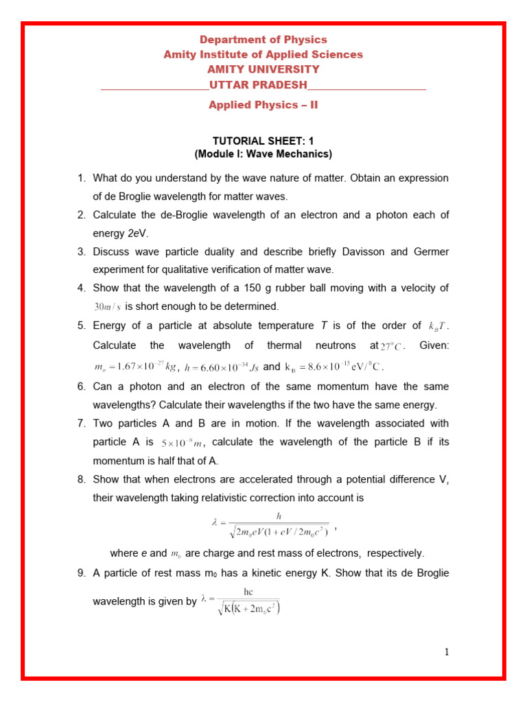 Tut Sheets - AP-II - Engg 120117 | PDF | Electron | Waves