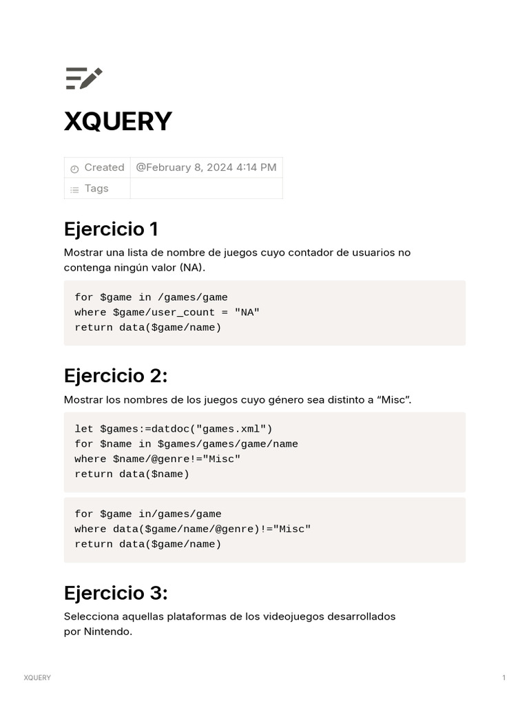 Xquery Ejercicios | PDF | Videojuegos | Videojuego Gameplay