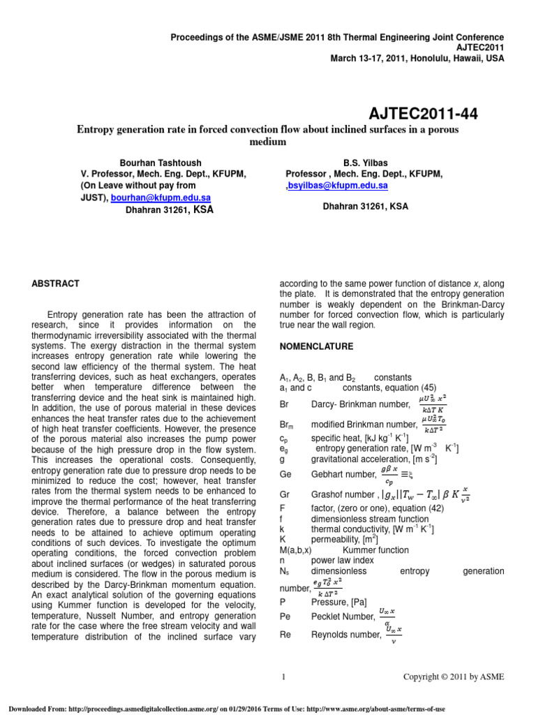 Entropy Generation Rate in Forced Convection Flow About Inclined Surfaces in A Porous | PDF ...
