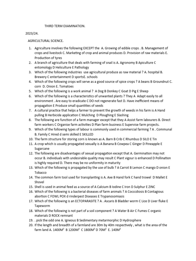 THIRD TERM EXAMINATION Jss Two Agric | Download Free PDF | Agriculture | Soil