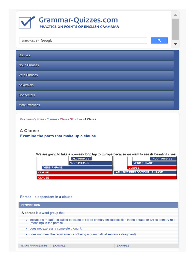 A Clause - Grammar Quizzes | PDF | Clause | Verb