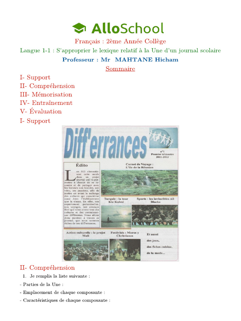 Langue 1 1 S Approprier Le Lexique Relatif A La Une D Un Journal ...